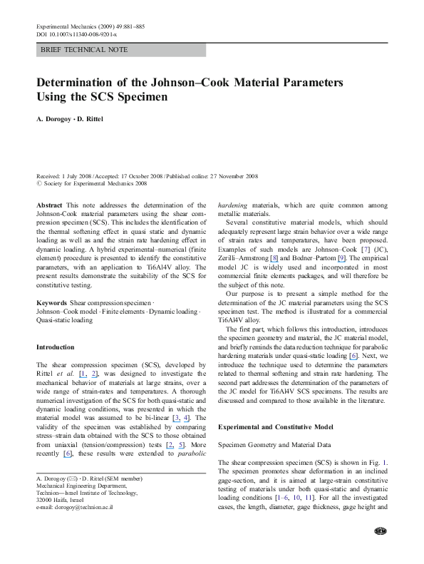 (PDF) Determination of the Johnson–Cook Material Parameters Using the ...