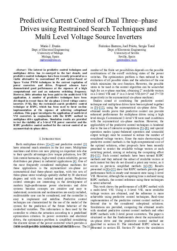 (PDF) Predictive current control of dual three-phase drives using restrained search techniques ...