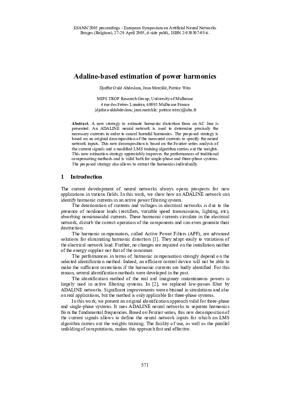 (PDF) Adaline-based estimation of power harmonics