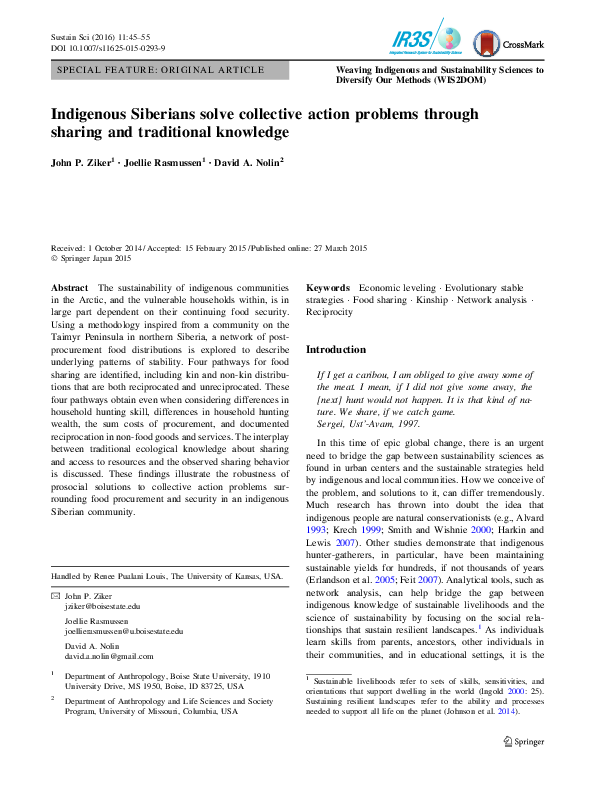 (PDF) Indigenous Siberians solve collective action problems through sharing and traditional ...
