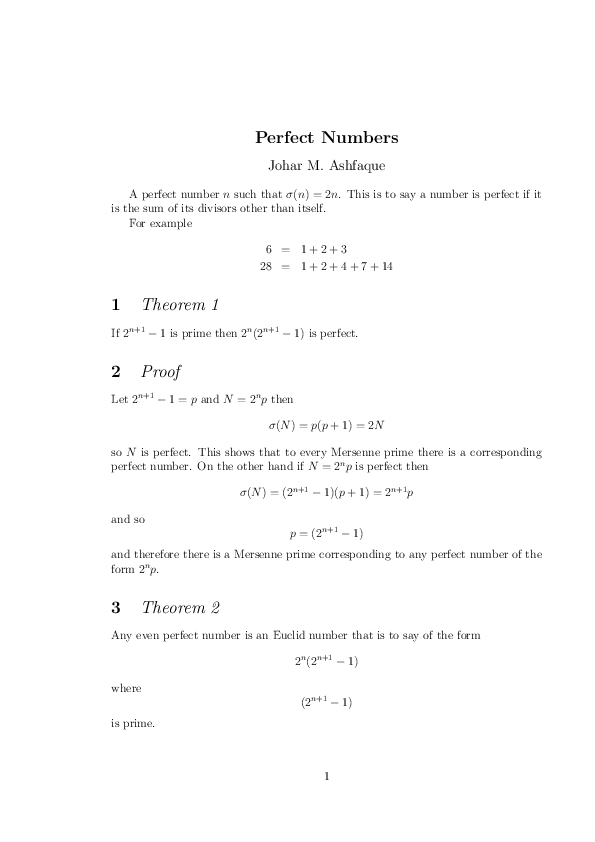 (PDF) Perfect Numbers