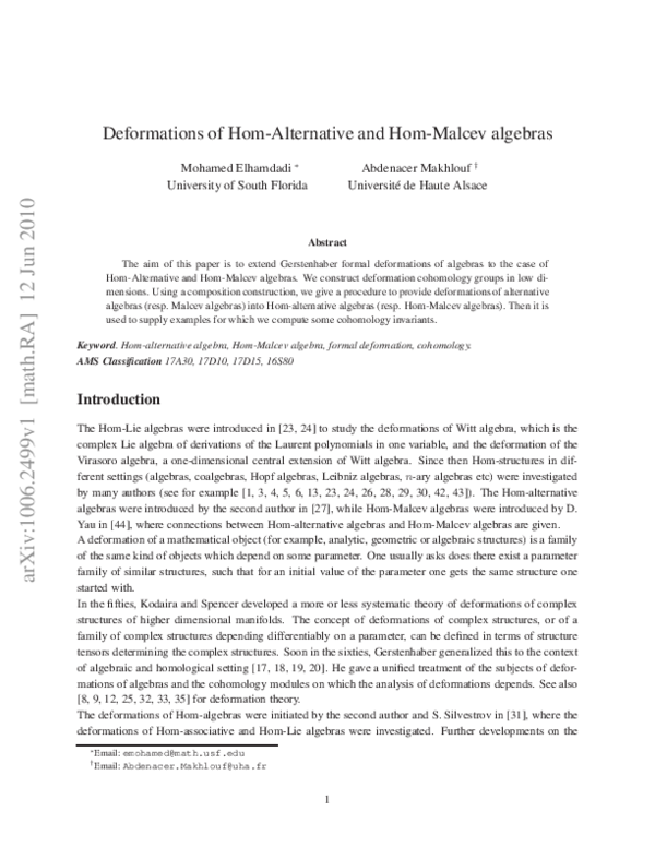 (PDF) Deformations of Hom-Alternative and Hom-Malcev Algebras