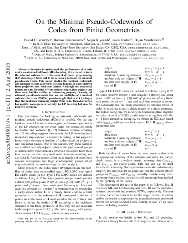 (PDF) On the Minimal Pseudo-Codewords of Codes from Finite Geometries