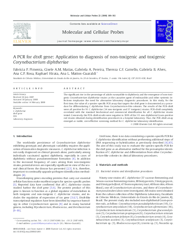 (PDF) A PCR for dtxR gene: Application to diagnosis of non-toxigenic ...