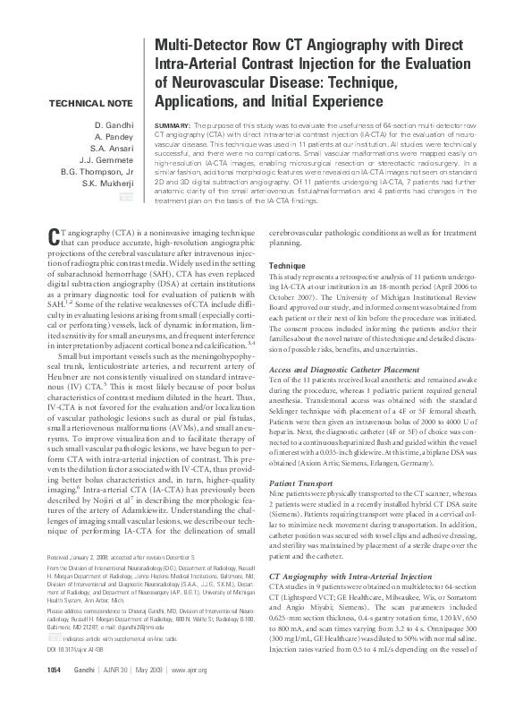 (PDF) Multi-Detector Row CT Angiography with Direct Intra-Arterial ...