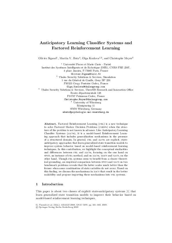 (PDF) Anticipatory Learning Classifier Systems and Factored Reinforcement Learning