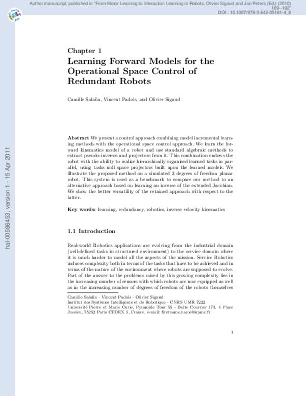 (PDF) Learning Forward Models for the Operational Space Control of Redundant Robots