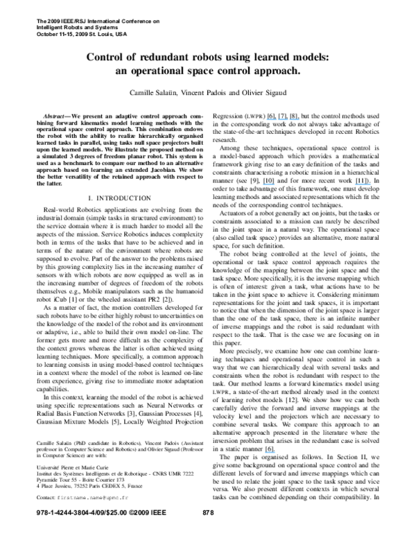 Pdf Control Of Redundant Robots Using Learned Models An Operational Space Control Approach