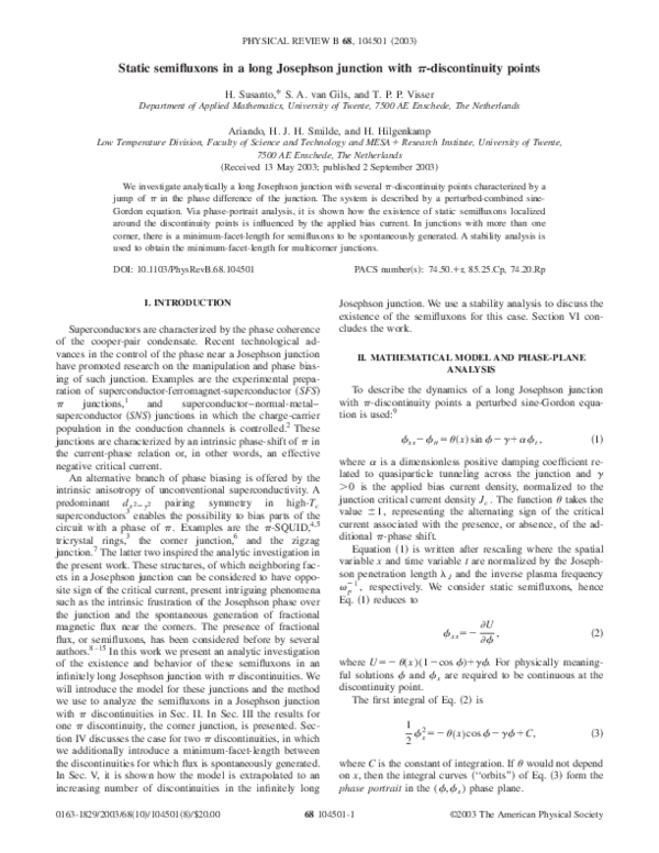 (PDF) Static semifluxons in a long Josephson junction with pi-discontinuity points
