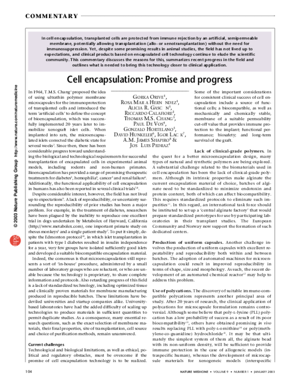 (PDF) Cell encapsulation: Promise and progress