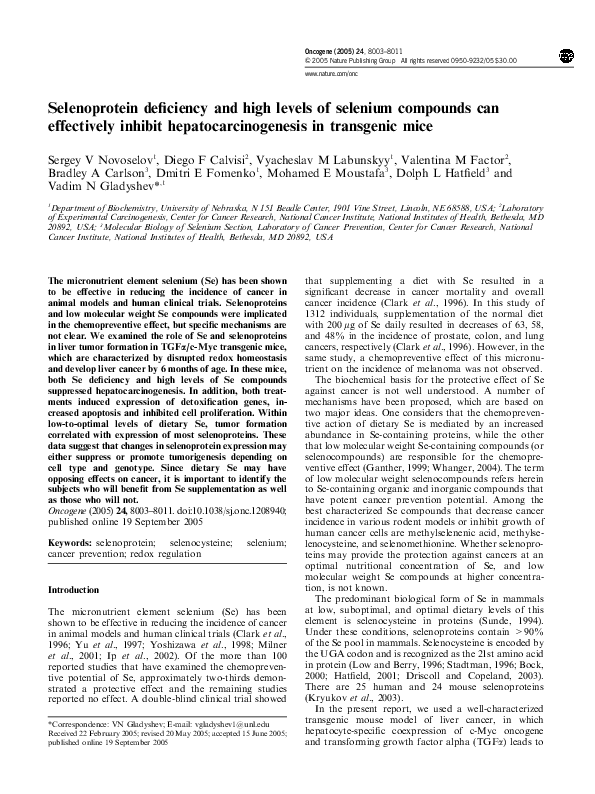 (PDF) Selenoprotein deficiency and high levels of selenium compounds ...