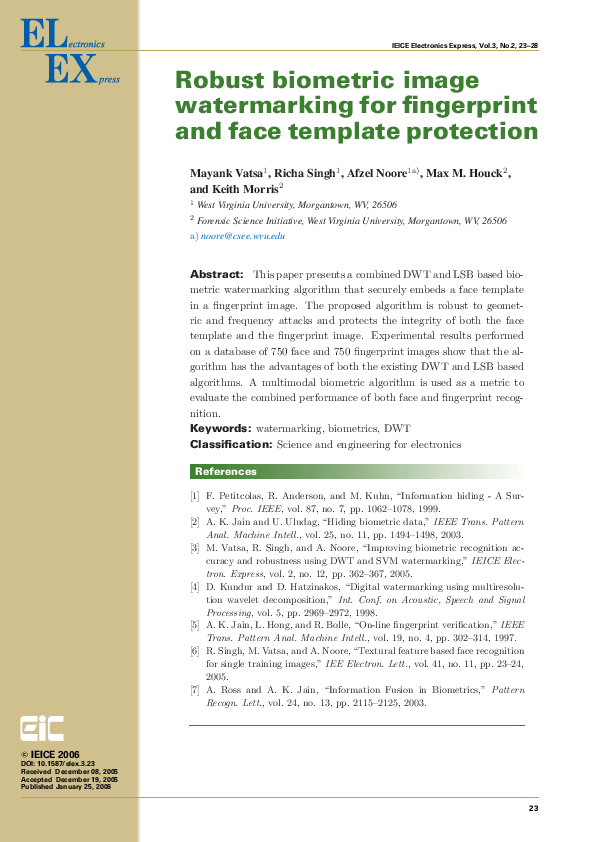 (PDF) Robust biometric image watermarking for fingerprint and face template protection