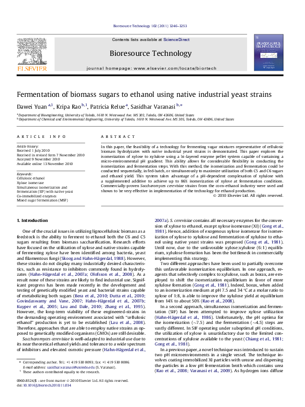 (PDF) Fermentation of biomass sugars to ethanol using native industrial ...
