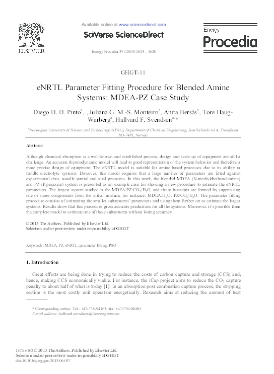 (PDF) eNRTL Parameter Fitting Procedure for Blended Amine Systems: MDEA ...