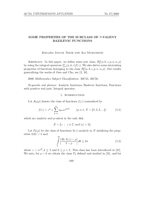 Pdf Some Properties Of The Subclass Of P Valent Bazilevic Functions