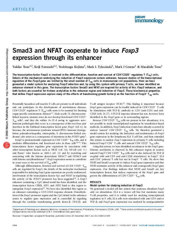 (PDF) Smad3 and NFAT cooperate to induce Foxp3 expression through its ...