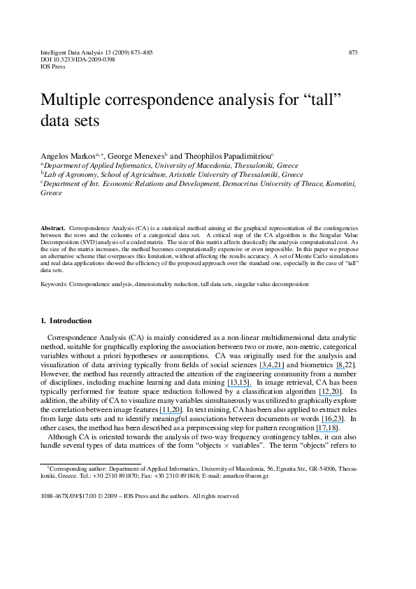 (PDF) Multiple correspondence analysis for "tall" data sets