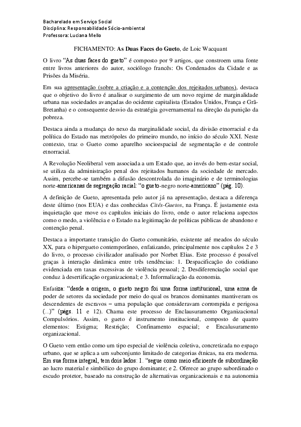 (PDF) Fichamento As Duas Faces do Gueto Wacquant