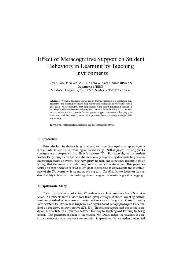 (PDF) Effect of Metacognitive Support on Student Behaviors in Learning ...