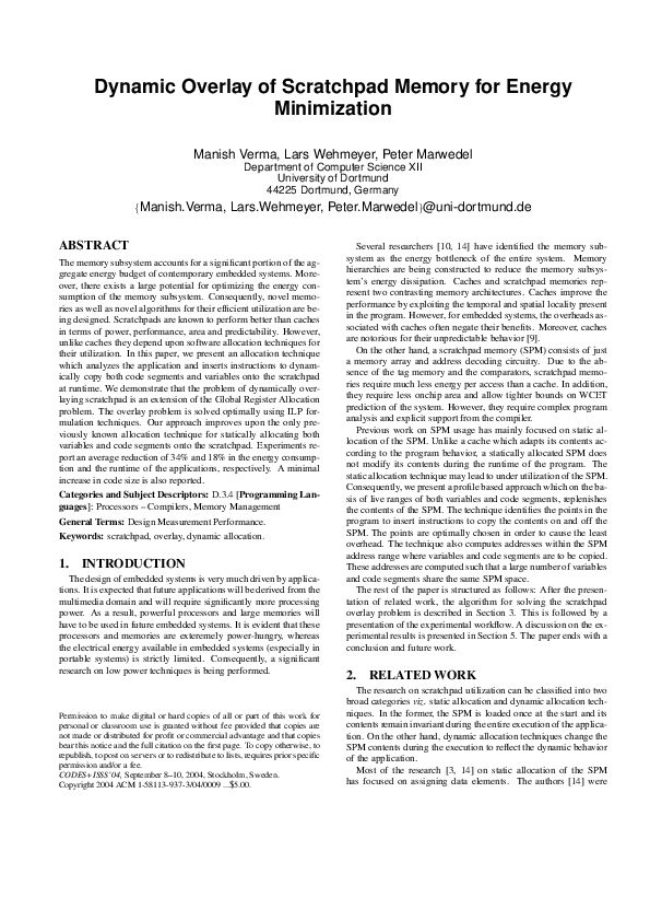 Pdf Dynamic Overlay Of Scratchpad Memory For Energy Minimization