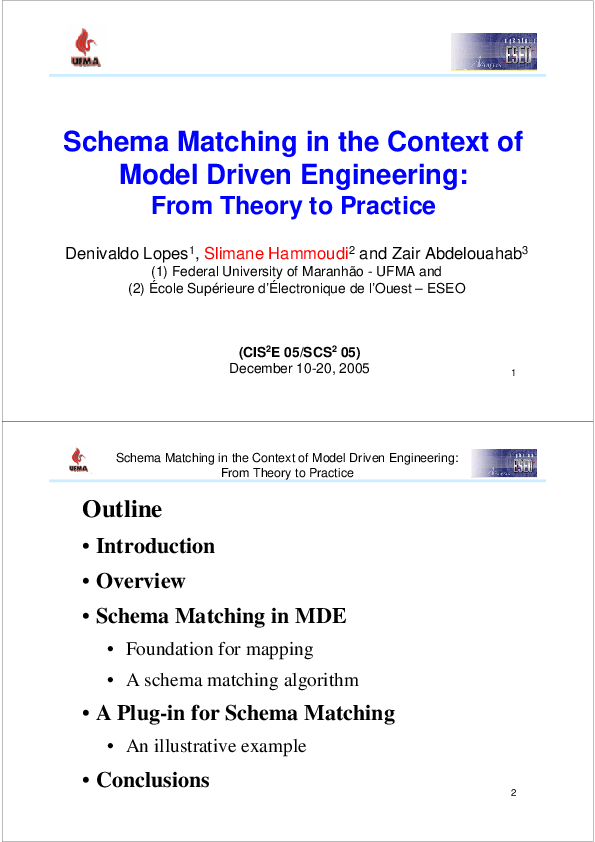 Pdf Schema Matching In The Context Of Model Driven Engineering From Theory To Practice