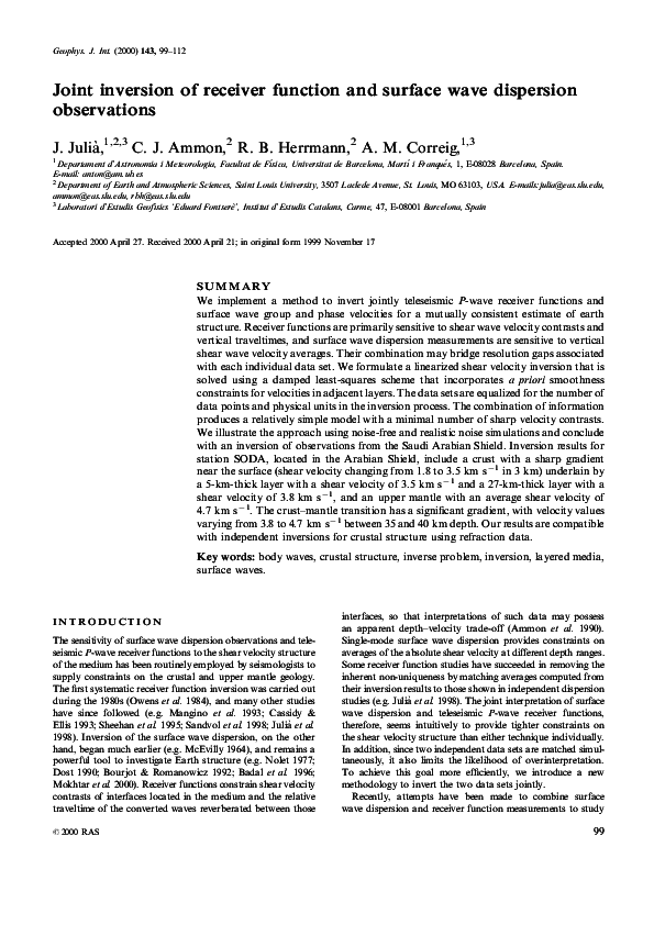 (PDF) Joint inversion of receiver function and surface wave dispersion observations
