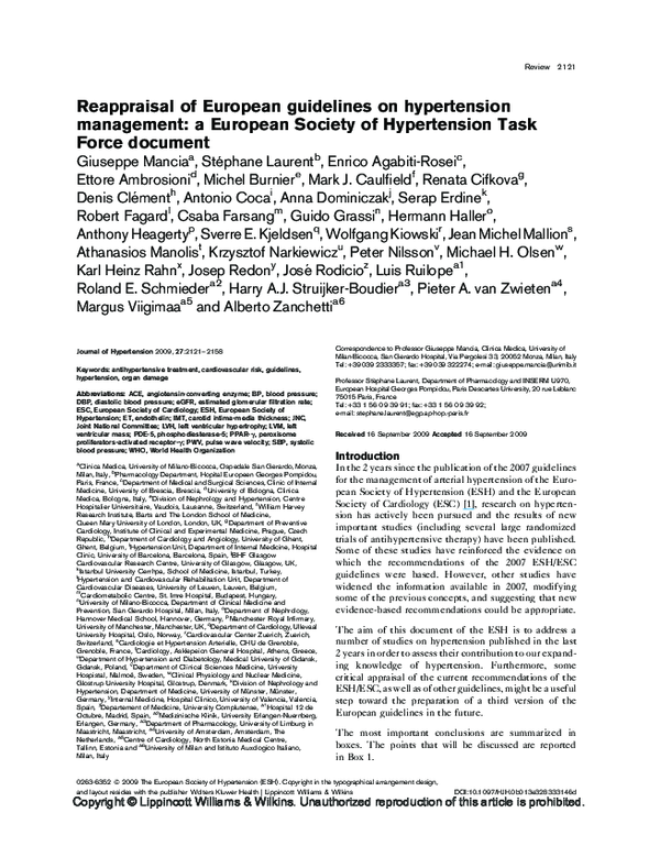 (PDF) Reappraisal of European guidelines on hypertension management: a European Society of ...
