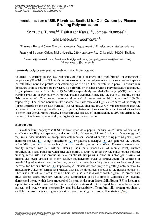 (PDF) Immobilization of Silk Fibroin as Scaffold for Cell Culture by Plasma Grafting Polymerization