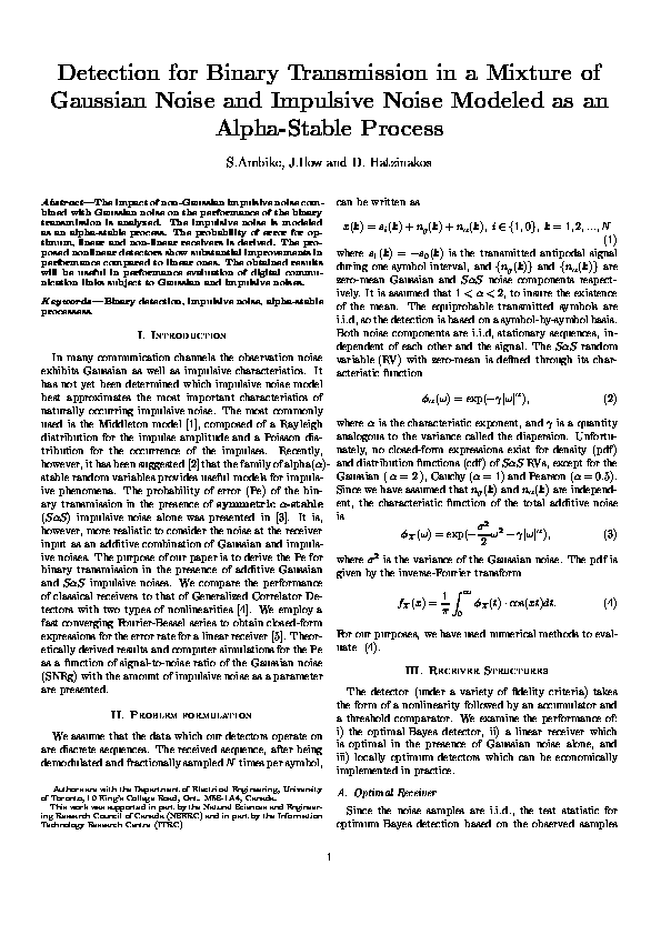 (PDF) Detection for Binary Transmission in a Mixture of Gaussian Noise and Impulsive Noise ...