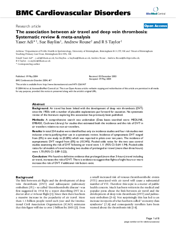 Pdf The Association Between Air Travel And Deep Vein Thrombosis