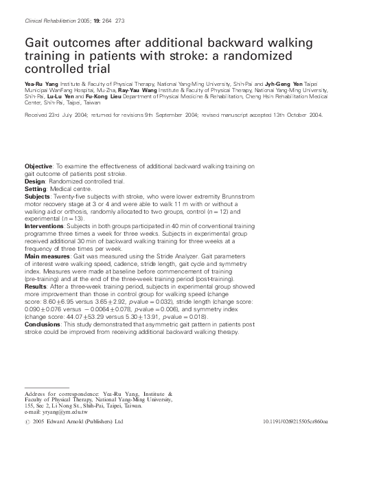 (PDF) Gait outcomes after additional backward walking training in patients with stroke: a ...