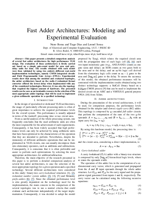 (PDF) Fast Adder Architectures: Modeling and Experimental Evaluation