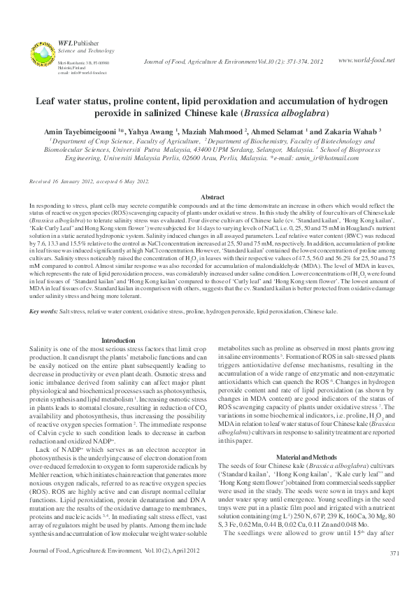 (PDF) Leaf water status, proline content, lipid peroxidation and ...
