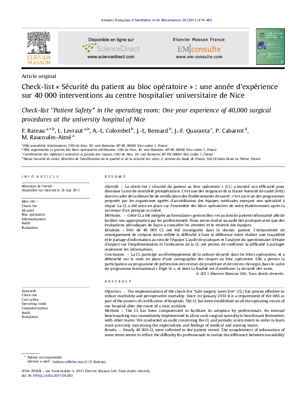 (PDF) Checklist « Sécurité du patient au bloc opératoire