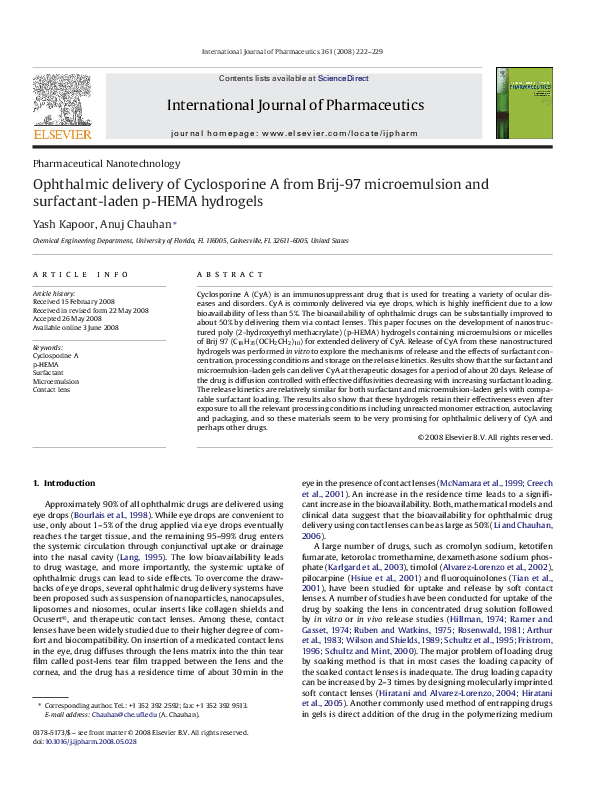 (PDF) Ophthalmic delivery of Cyclosporine A from Brij-97 microemulsion ...