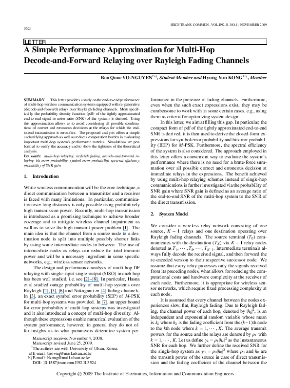 Pdf A Simple Performance Approximation For Multi Hop Decode And Forward Relaying Over Rayleigh