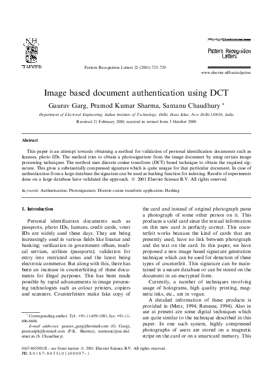 Pdf Image Based Document Authentication Using Dct
