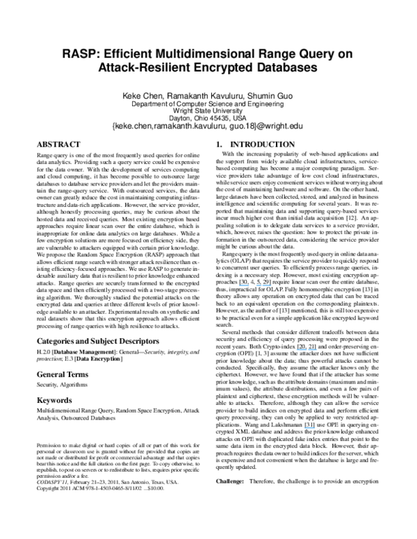(PDF) RASP: efficient multidimensional range query on attack-resilient encrypted databases