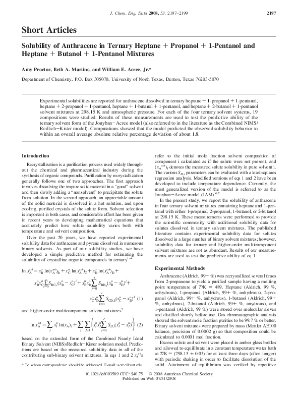 Pdf Solubility Of Anthracene In Ternary Heptane Propanol 1pentanol And Heptane Butanol
