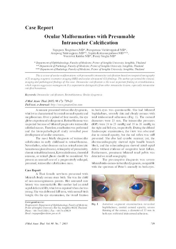(PDF) Ocular Malformations with Presumable Intraocular Calcification