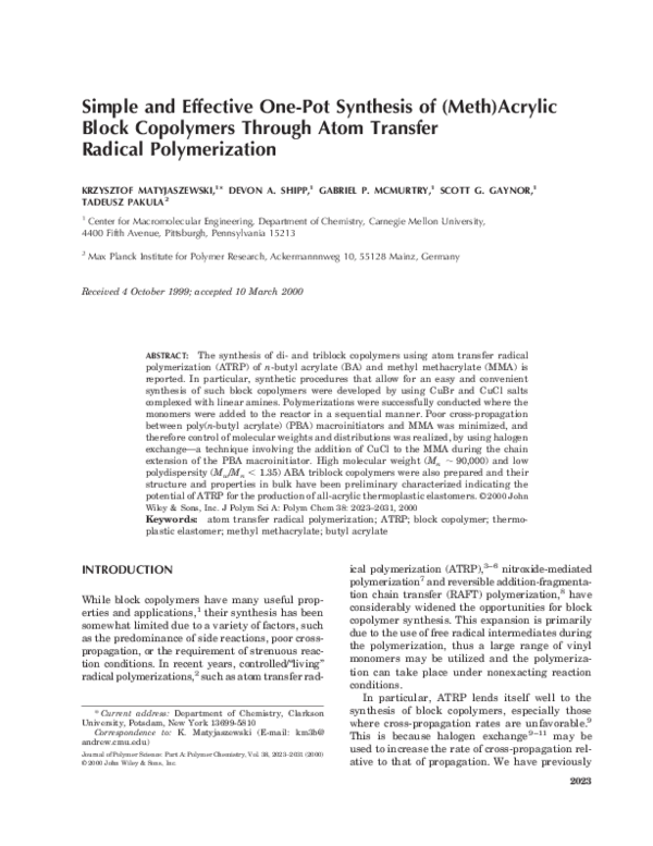 Pdf Simple And Effective One Pot Synthesis Of Meth Acrylic Block Copolymers Through Atom