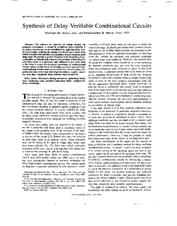 Pdf Synthesis Of Delay Verifiable Combinational Circuits