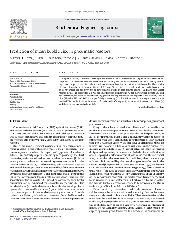 (PDF) Prediction of mean bubble size in pneumatic reactors