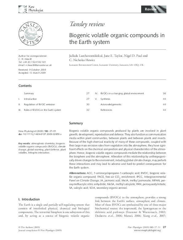 (PDF) Biogenic volatile organic compounds in the Earth system