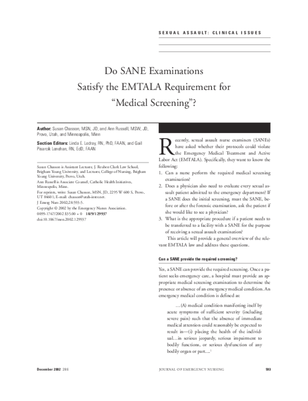 (PDF) Do SANE examinations satisfy the EMTALA requirement for “medical ...