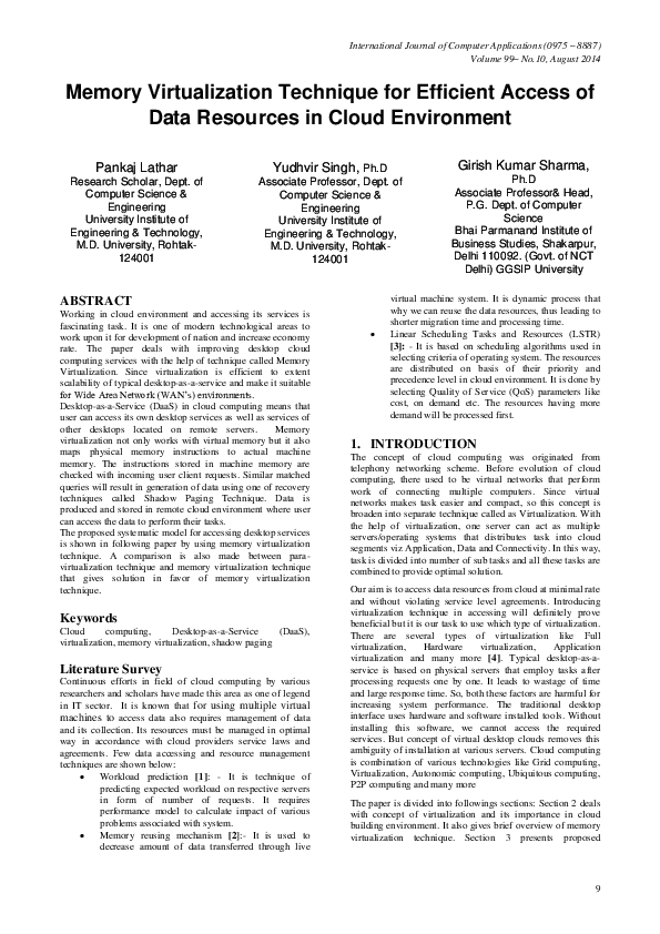 (PDF) Memory Virtualization Technique for Efficient Access of Data Resources in Cloud Environment