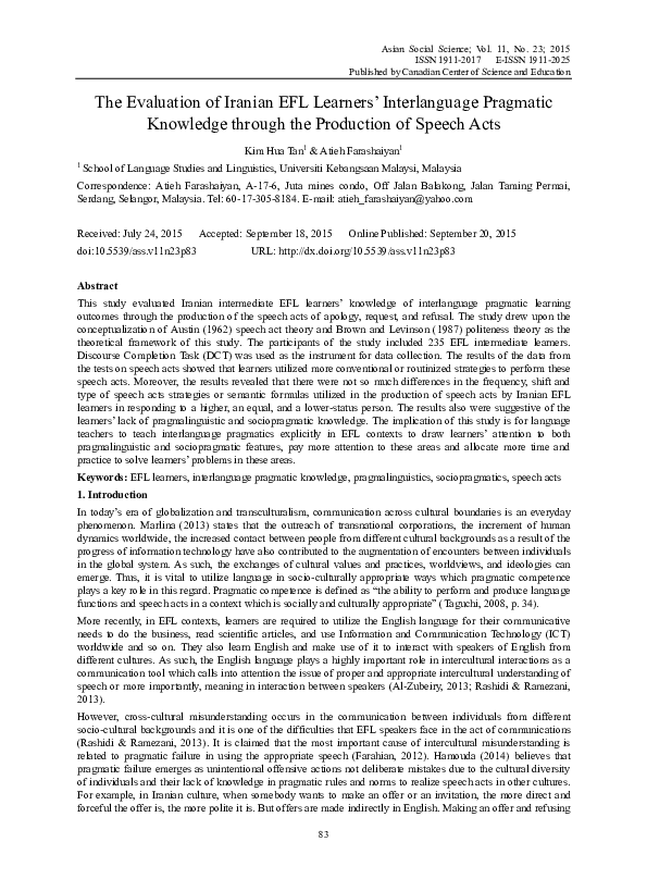 (PDF) The Evaluation of Iranian EFL Learners’ Interlanguage Pragmatic Knowledge Through The ...