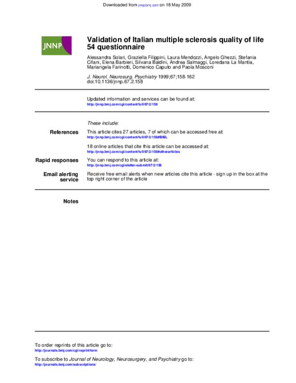 (PDF) Validation of Italian multiple sclerosis quality of life 54 questionnaire