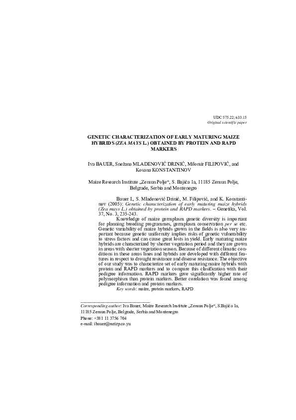 (PDF) Genetic characterization of early maturing maize hybrids (Zea mays L.) obtained by protein ...