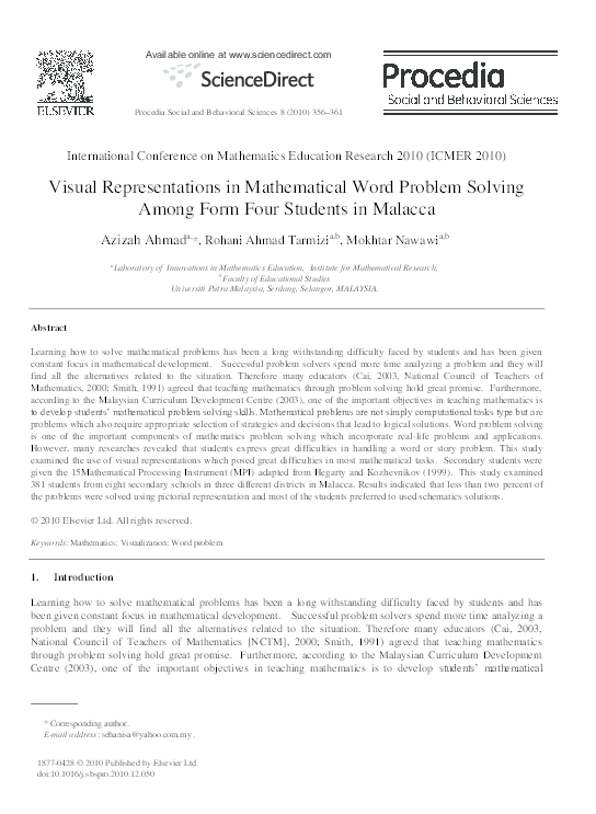 (PDF) Visual Representations in Mathematical Word Problem Solving Among Form Four Students in ...